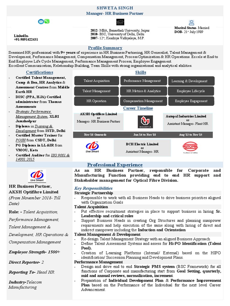 Professional Experience: Manager-HR Business Partner | PDF | Human ...