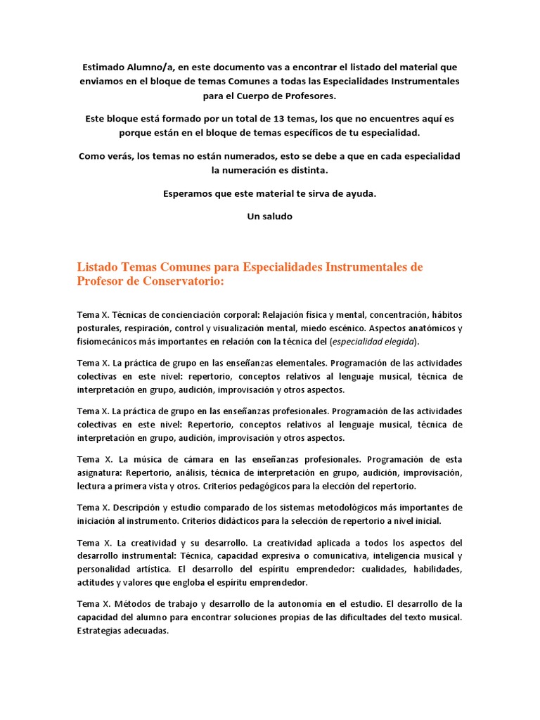 Listado Temas Comunes Profesor | PDF | Memoria | Plan de estudios