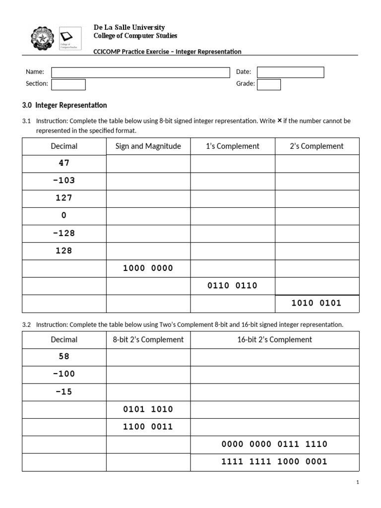 (CCICOMP) Practice Exercise - Integer Representation | PDF