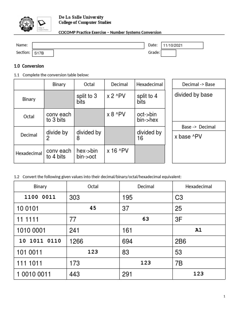 (CCICOMP) Practice Exercise - Number Systems Conversion - RAMILO | PDF