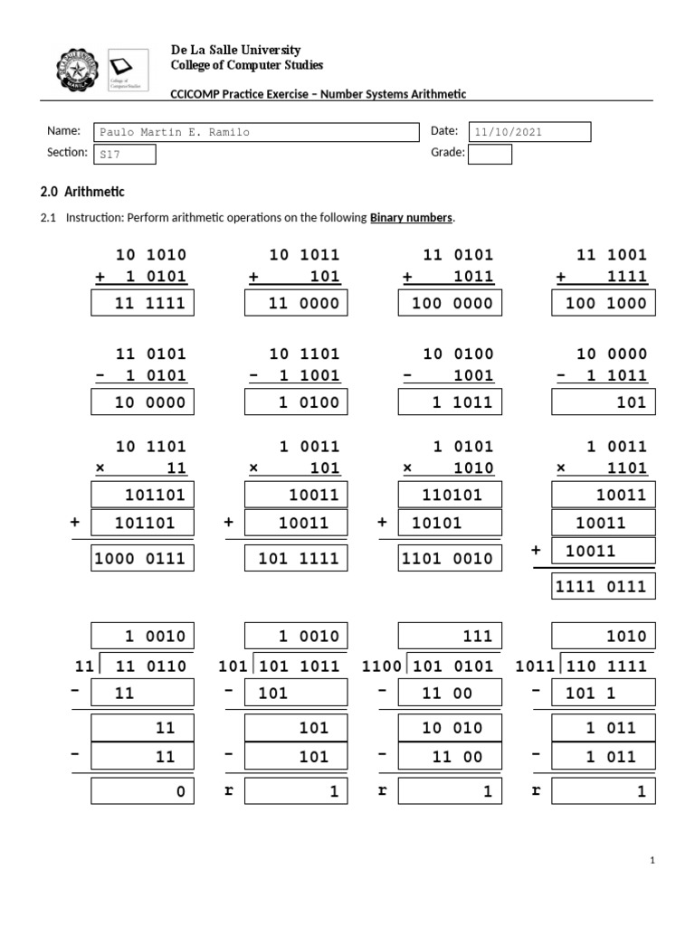 (CCICOMP) Practice Exercise - Number Systems Arithmetic - RAMILO | PDF | Computer Engineering ...