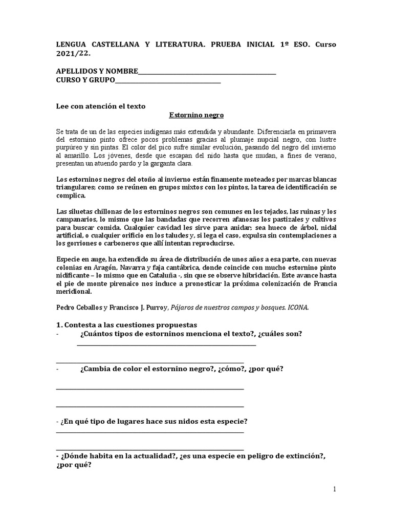 Prueba de Nivel - Doc 1 Eso | PDF | Predicado (Gramática) | Asunto ...