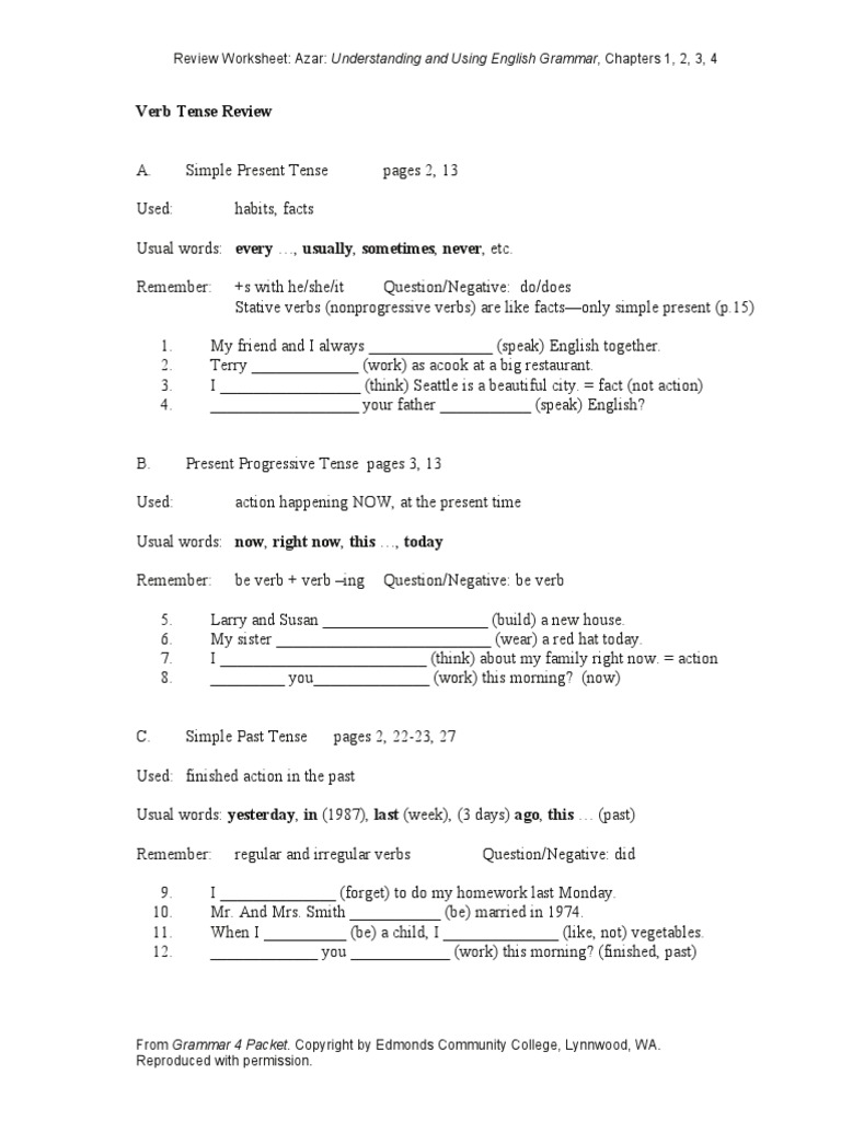 Verb Tense Review: Review Worksheet: Azar: Understanding and Using ...
