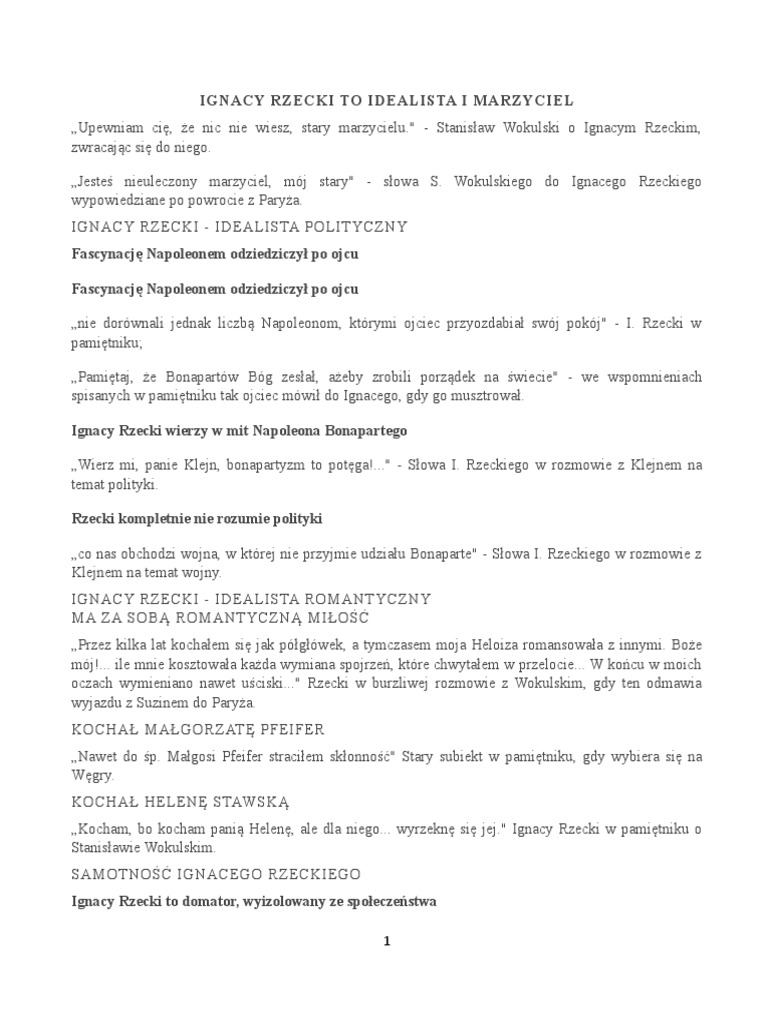 Ignacy Rzecki Jako Idealista | PDF