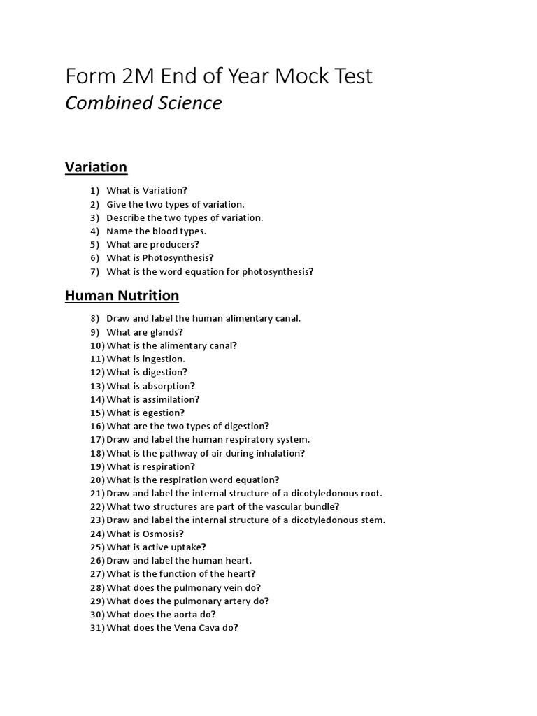 Form 2 End of Year Mock Test Combined Science - Churchill | PDF ...