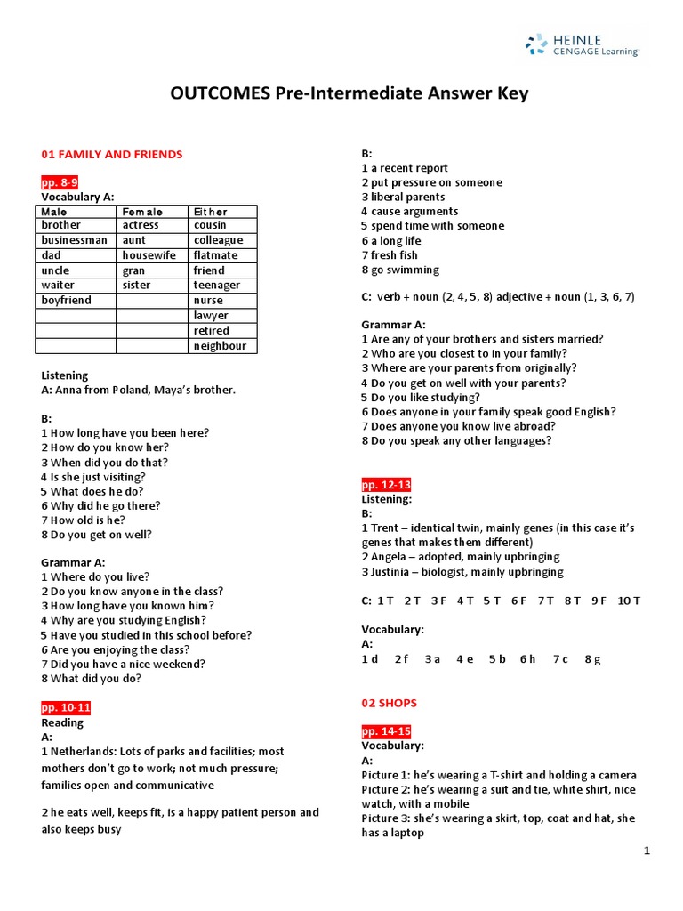 Outcomes Pre-Int Answer Key-1 | PDF