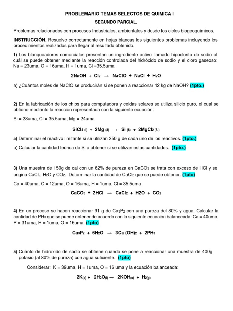 Problemario 2 P | PDF | Cloro | Sustancias químicas