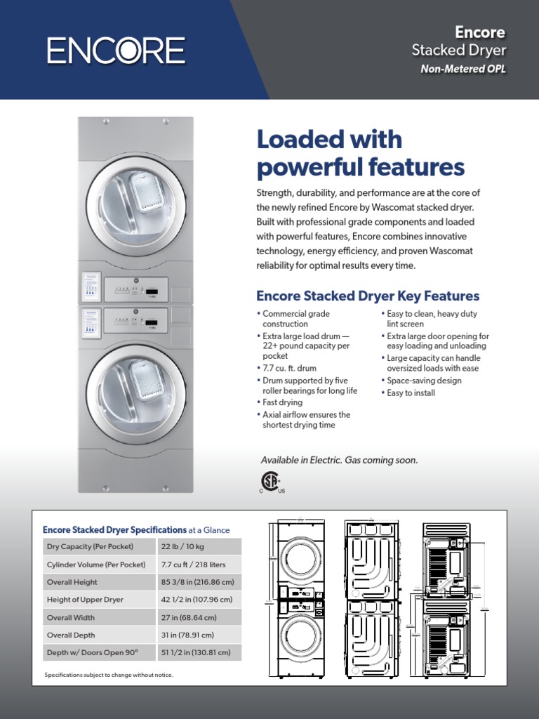 Wascomat Encore Dryer Specifications Stack OPL 22lb 10 KG | PDF ...