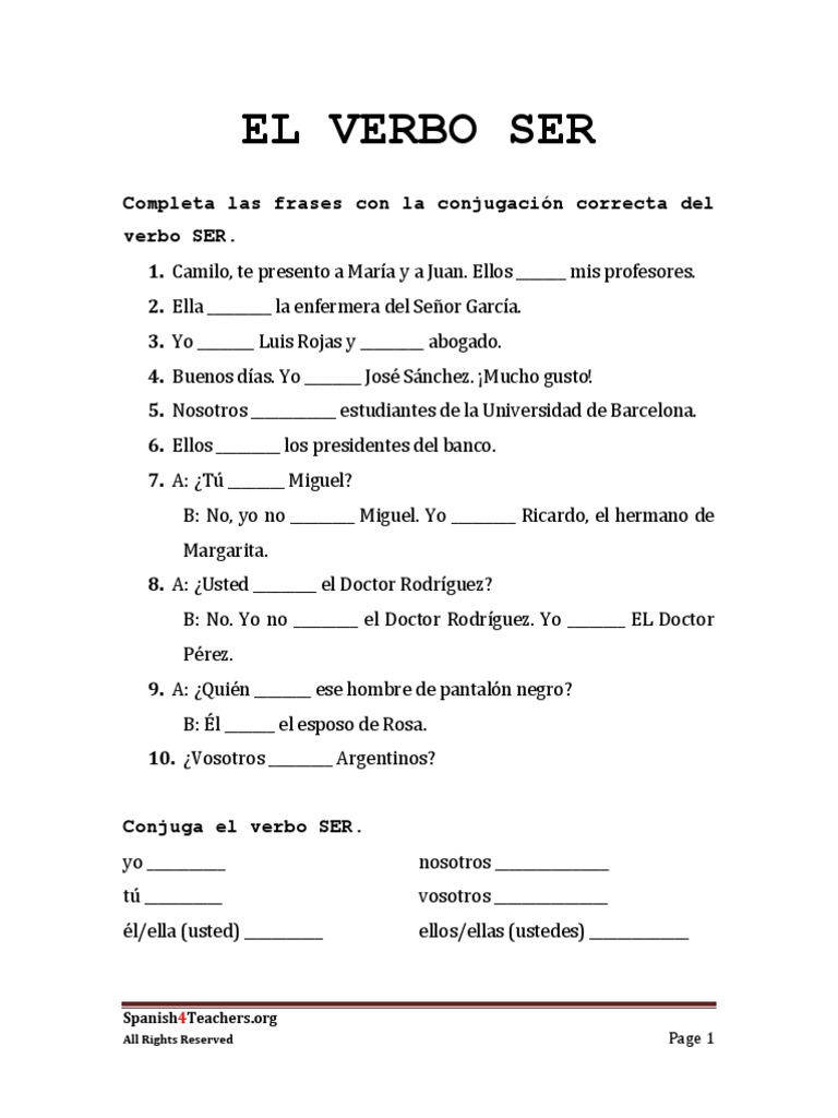 Hojas De Trabajo Sobre El Verbo Ser El Verbo Para Primer Grado De