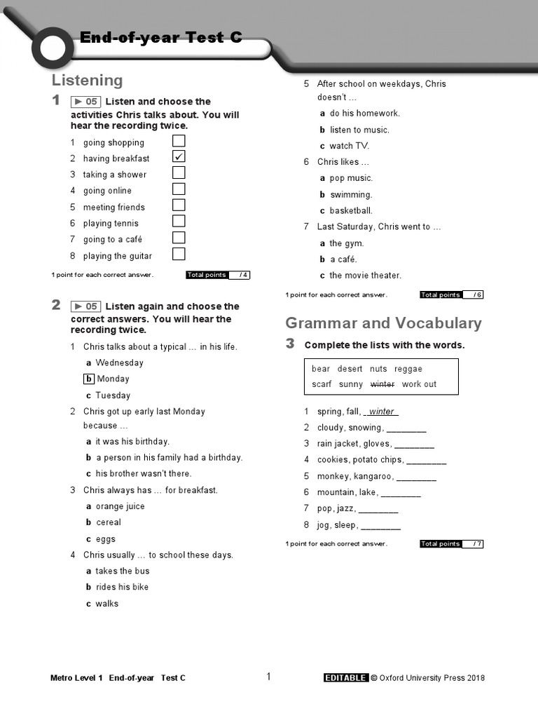 Metro Level 1 End-Of-Year Test C | PDF