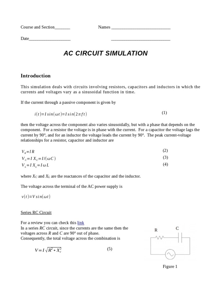 Ac Circuit Simulation: i (t) =I sin (ωt) =I si n (2 π f t) | PDF ...