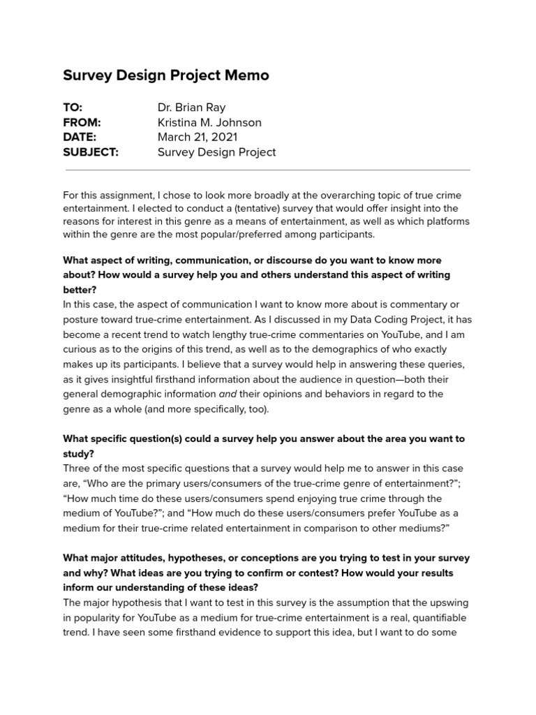 Survey Design Project Memo | PDF | Survey Methodology | Academic Degree