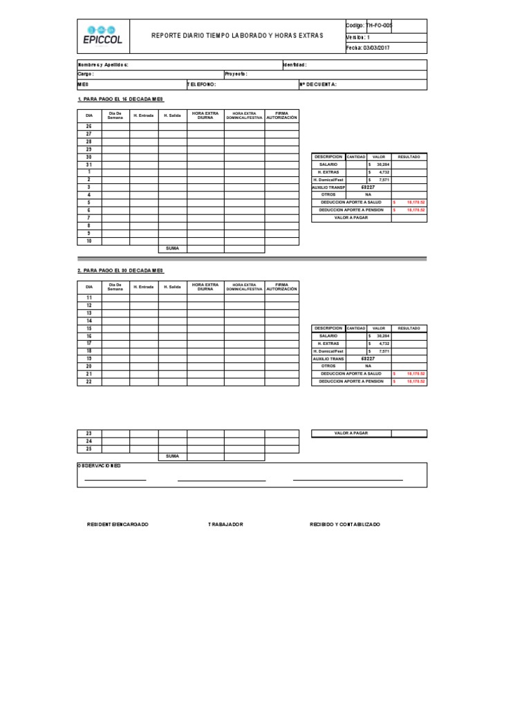 Formato de Horas Extras 2021 | PDF