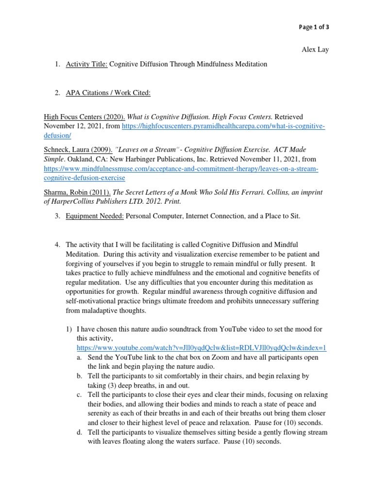 Activity 3-Cognitive Diffusion Mindfulness Meditation 1 | PDF ...
