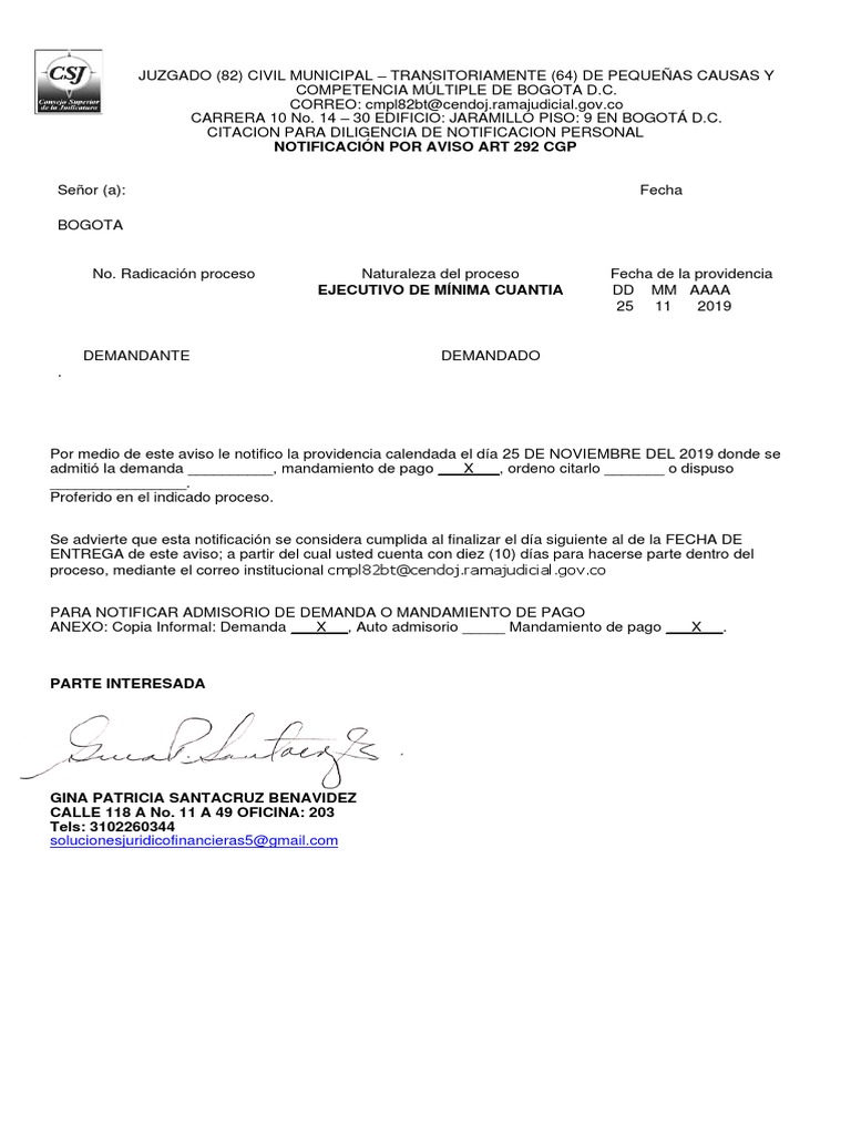 Modelo Notificacion 292 Colombia | PDF Modelo Notificacion 292 Colombia | PDF