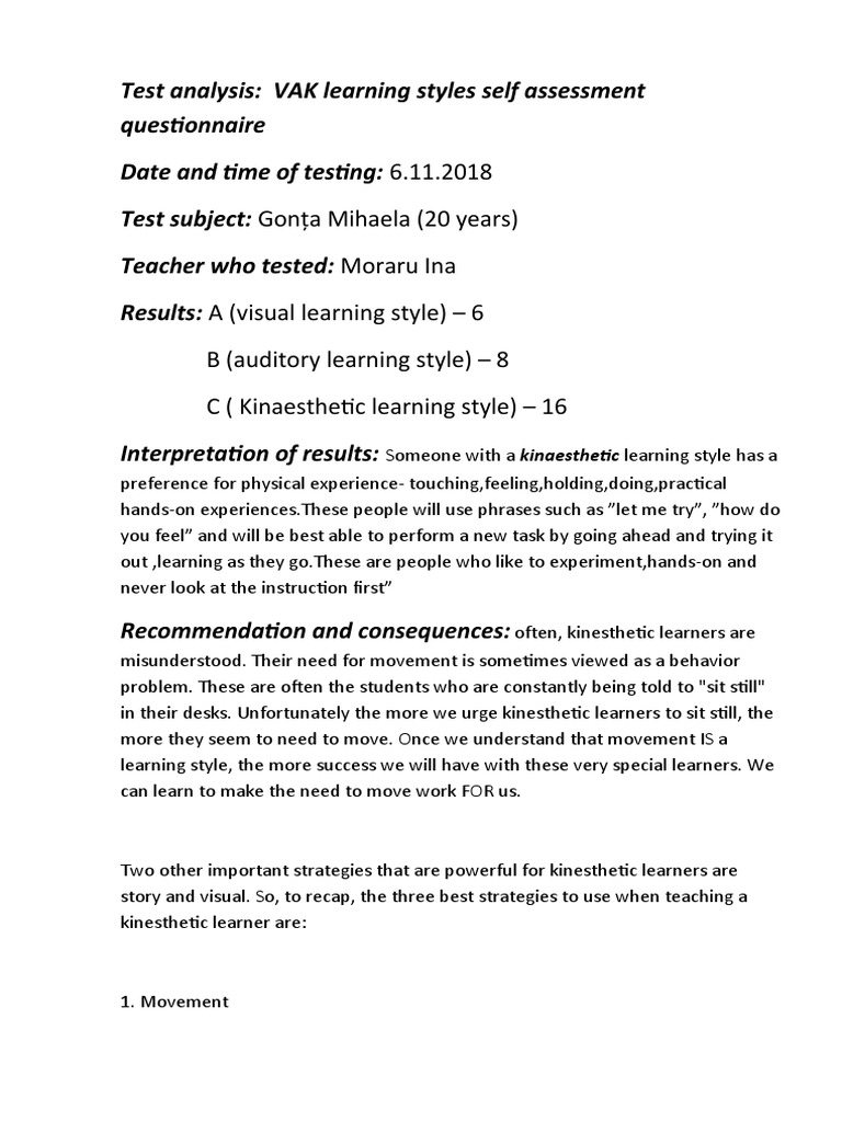 VAK Test Analysis | Download Free PDF | Learning Styles | Psychology