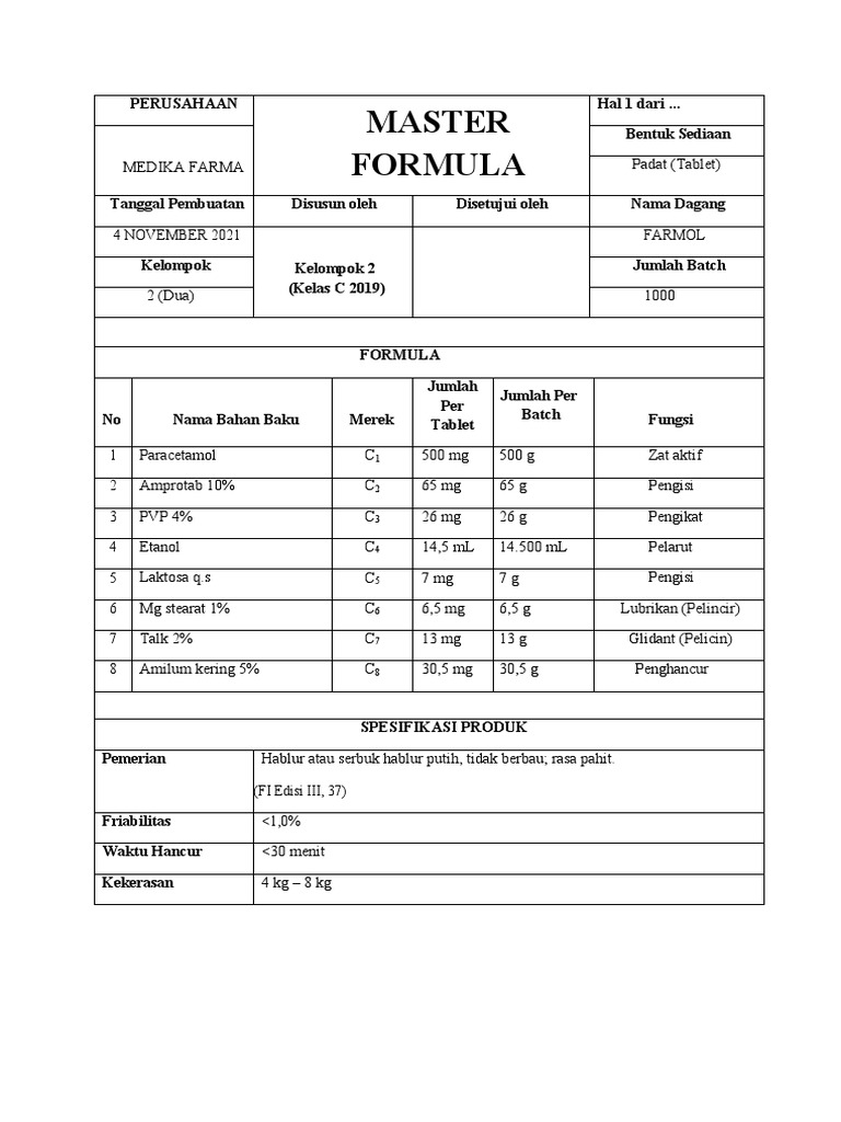 Master Formula Sediaan Tablet | PDF