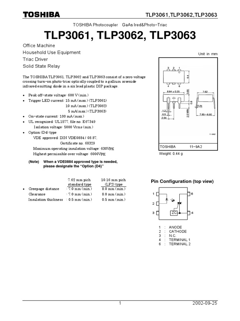 TLP3061, TLP3062, TLP3063: Office Machine Household Use Equipment Triac ...