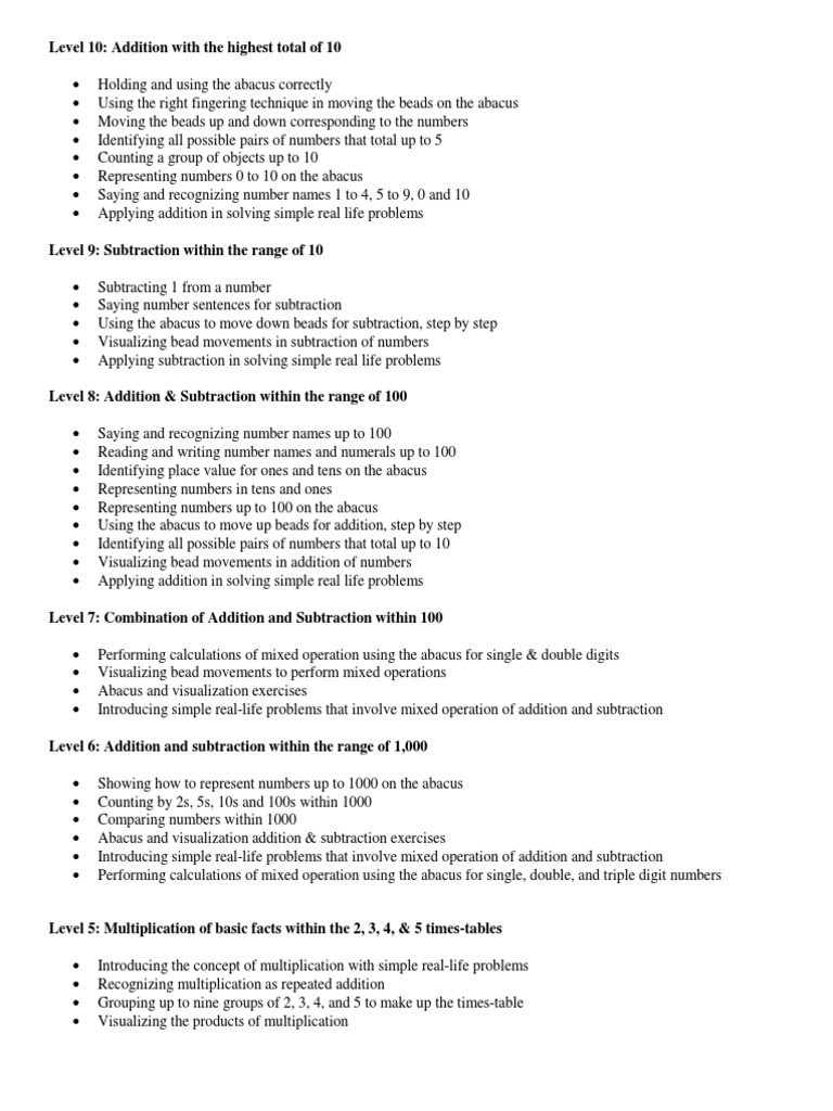 Abacus Levels | PDF | Multiplication | Subtraction