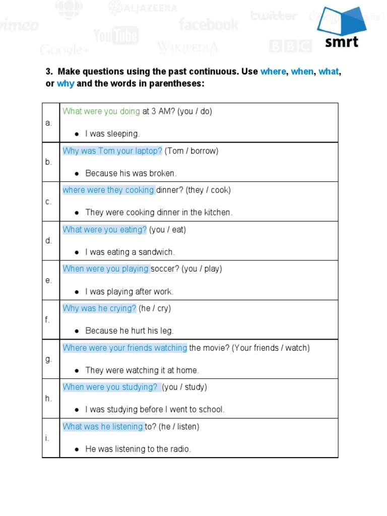 Where When What Why: 3. Make Questions Using The Past Continuous. Use ...