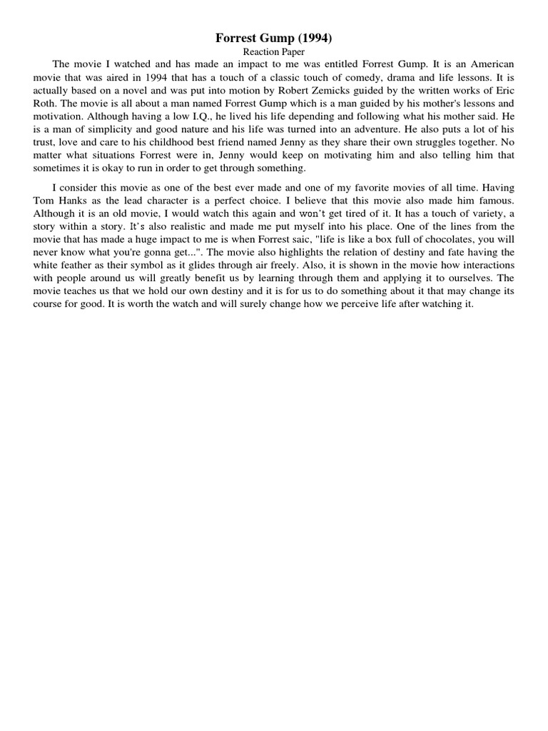 Forrest Gump (1994) : Reaction Paper | PDF
