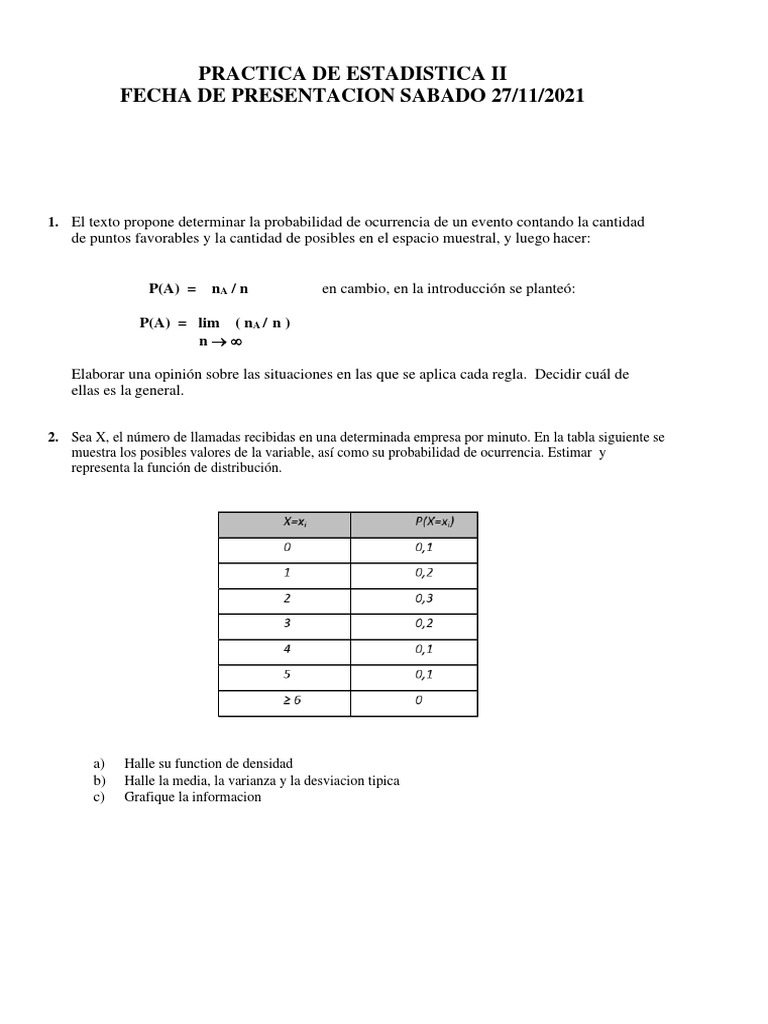 Practica de Estadistica II | PDF | Variable aleatoria | Distribución de probabilidad