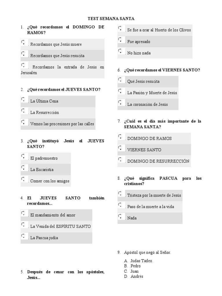 Test Semana Santa | Descargar gratis PDF | Pascua de Resurrección | Jesús