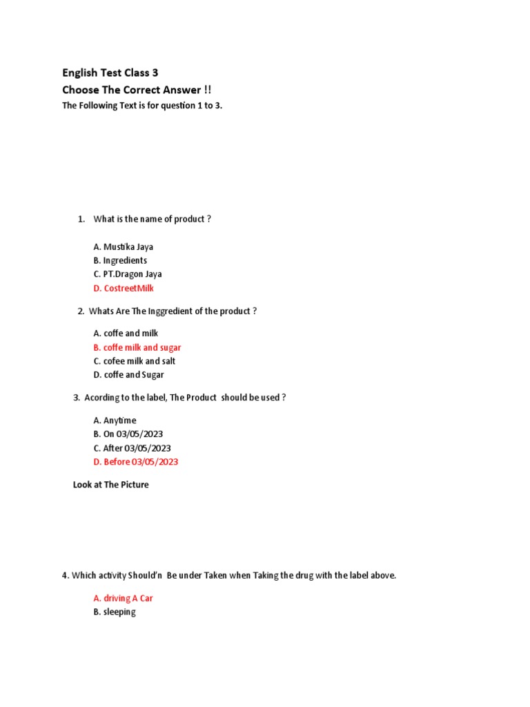 English Test Class 3 Choose The Correct Answer !!: The Following Text ...