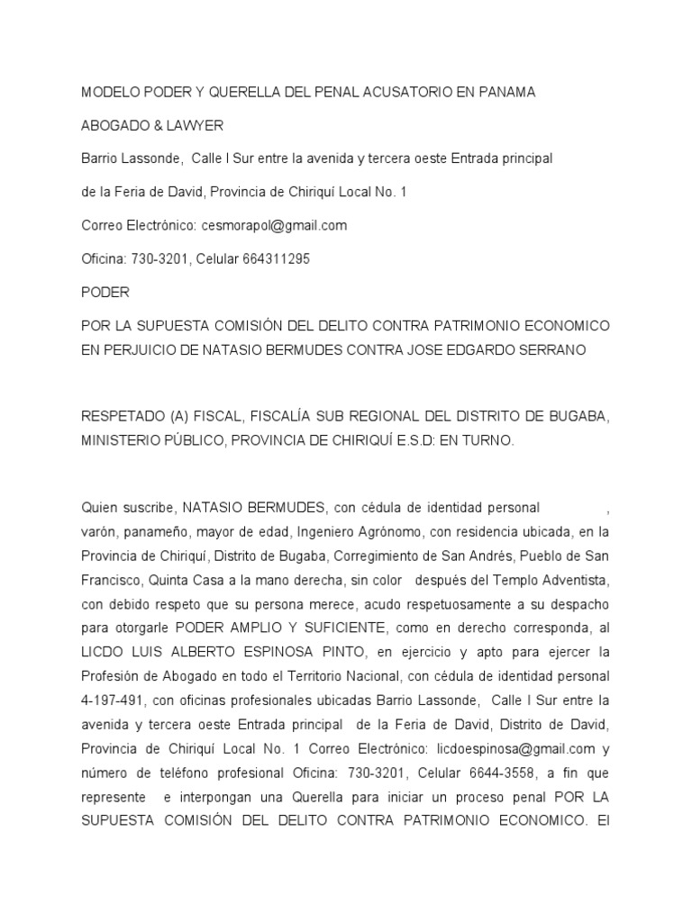 Modelo Poder y Querella Del Penal Acusatorio en Panama | PDF | Queja | Panamá