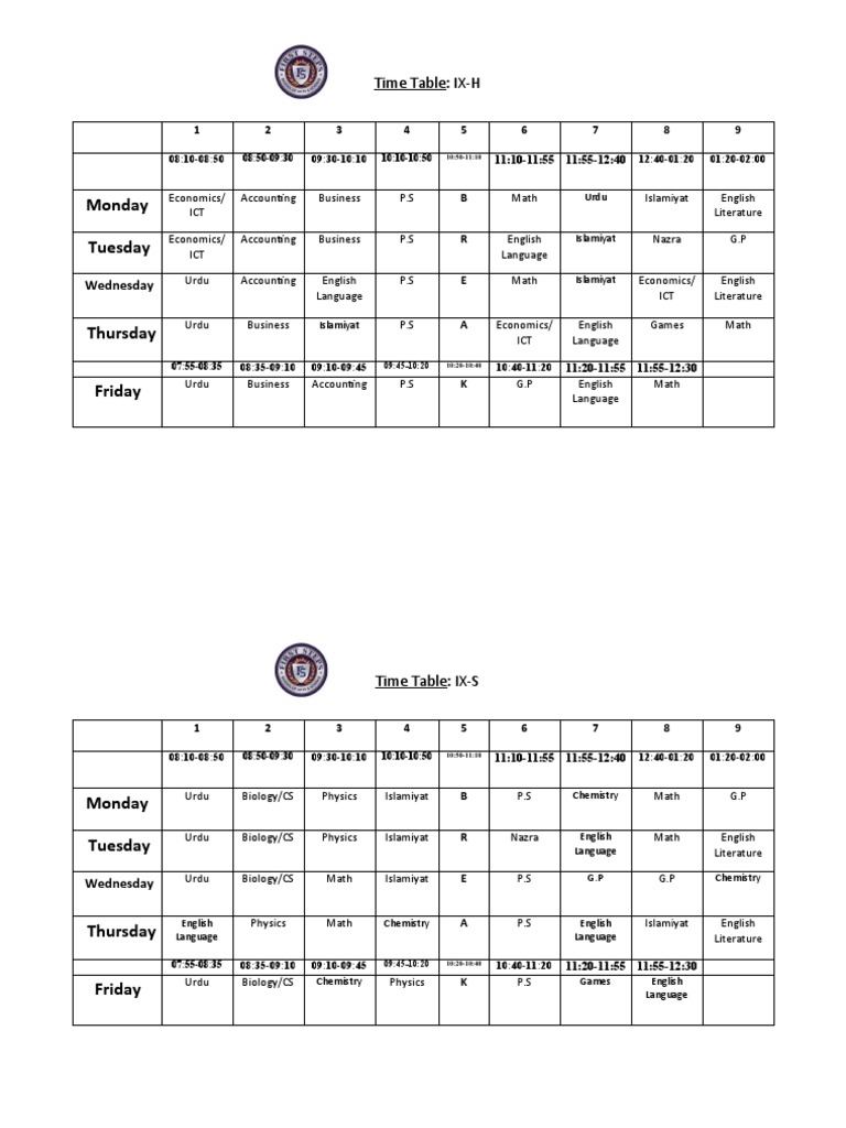 Monday Tuesday: Time Table: IX-H | PDF