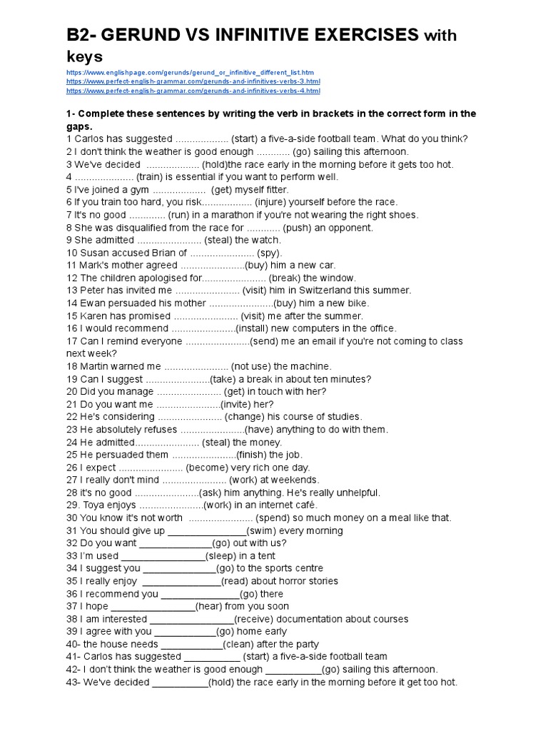 b2 Gerund Vs Infinitive Exercises | PDF