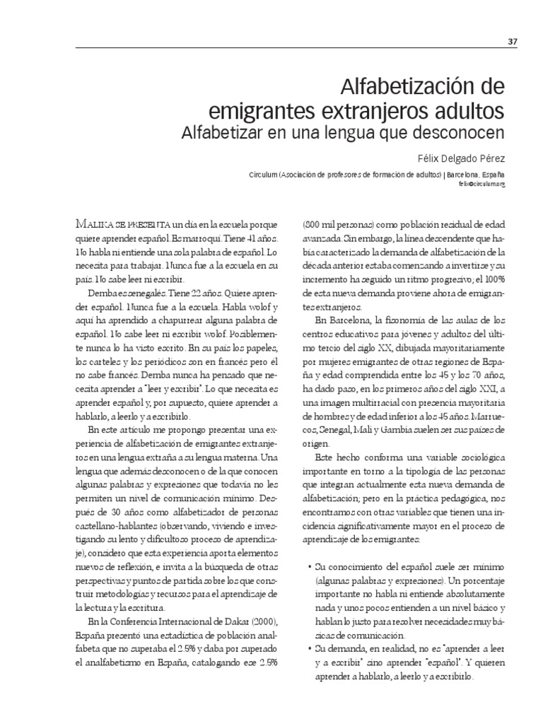 Alfabetización de emigrantes en español | PDF | Aprendizaje | Literatura