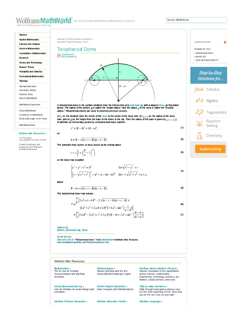 Torispherical Dome - From Wolfram MathWorld | PDF | Sphere | Geometry