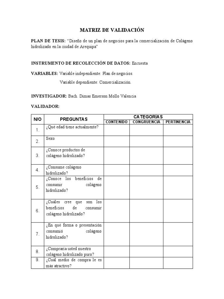 Matriz De Validación Del Cuestionario Pdf