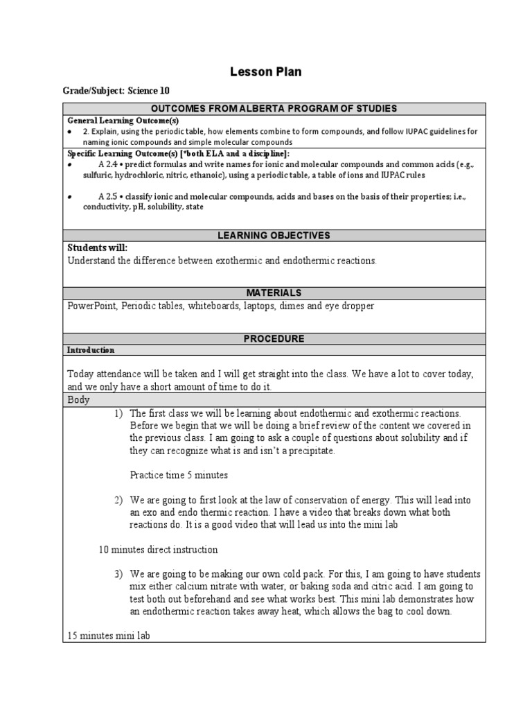 Lesson Plan Exo and Endothermic Reactions | PDF | Chemical Reactions ...