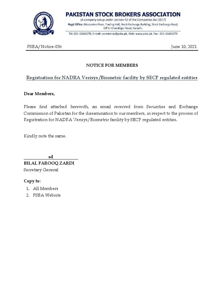 Registration For NADRA Verisys /biometric Facility by SECP Regulated ...