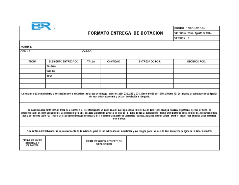 Formato Entrega de Dotacion | PDF