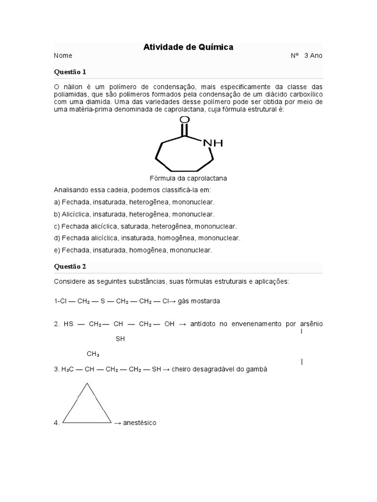 Química Atividade Sobre Polímeros Cadeias Carbônicas E óleos