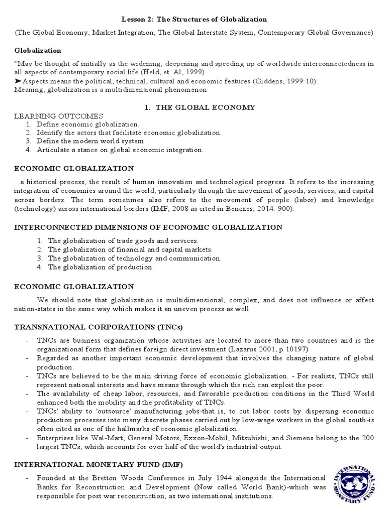 The Global Economy: Lesson 2: The Structures of Globalization | PDF ...