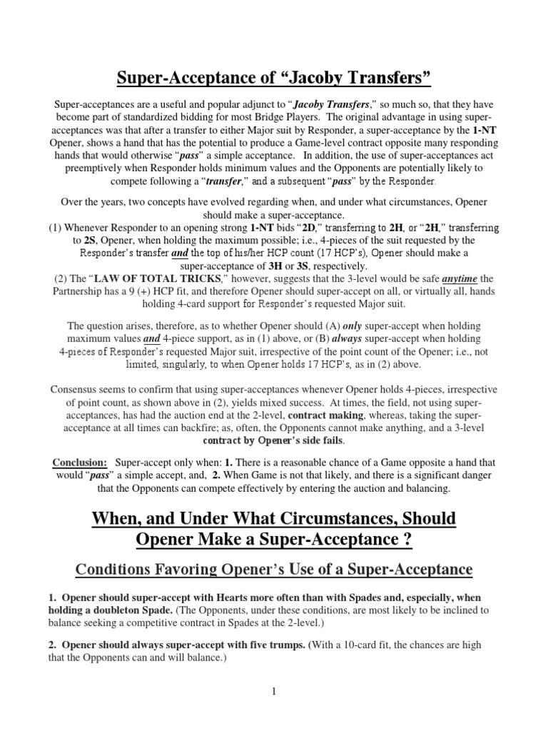 Super-Acceptance in Jacoby Transfers | PDF | Gaming | Contract Bridge