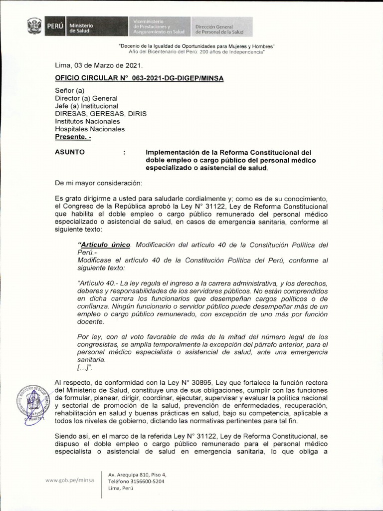 OFICIO CIRCULAR #063-DG-DIGEP-MINSA - Doble Percepcion | PDF | Perú | Servicio Civil