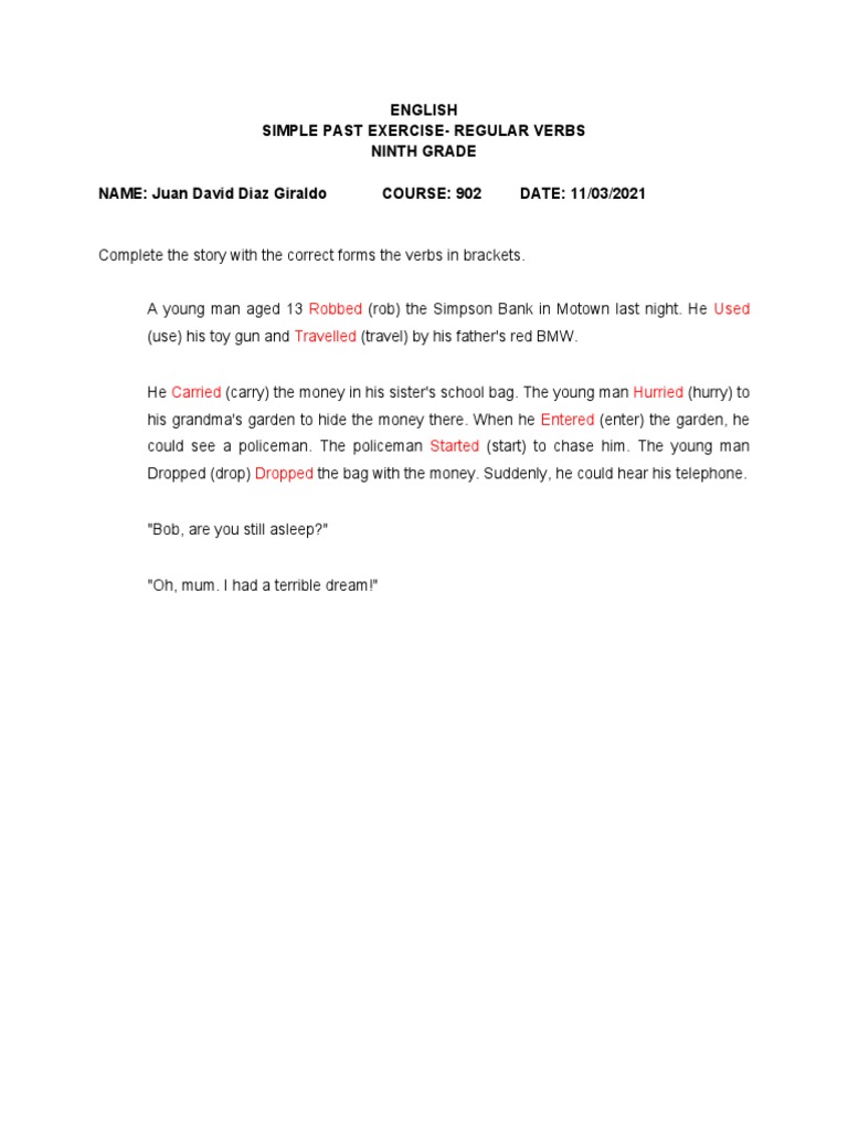 Simple Past Regular Verbs Exercise | PDF