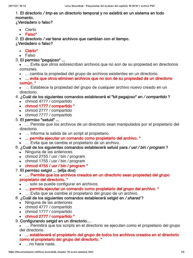 Respuestas Examen Linux Capítulo 16 | PDF | Archivo de computadora | Sistema de archivos