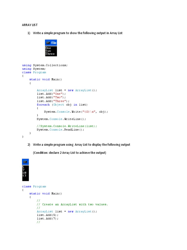 Array List 1) Write A Simple Program To Show The Following Output in Array List | PDF ...