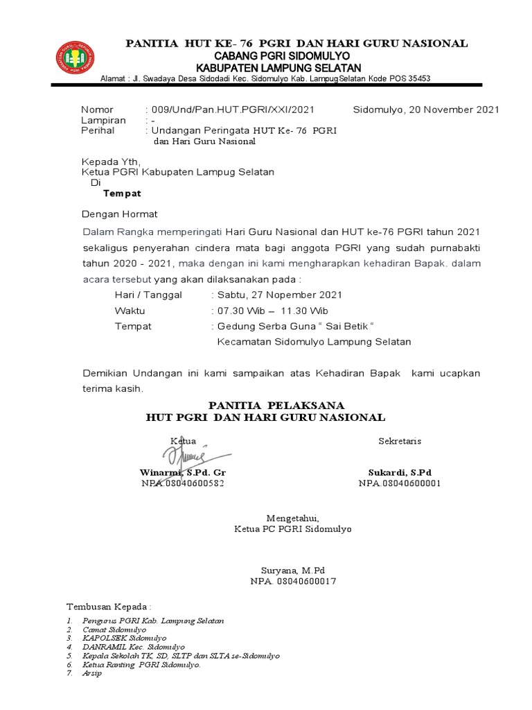 Undangan KHUSUS KS, KUA Ketua PGRI Lamsel Dan Dinas Pendidikan, Korwas | PDF