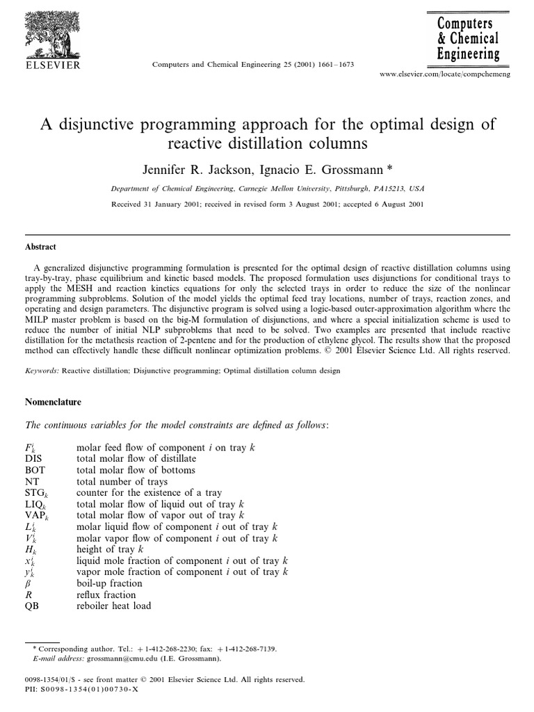 A Disjunctive Programming Approach For The Optimal Design Of Reactive Distillation Columns Pdf