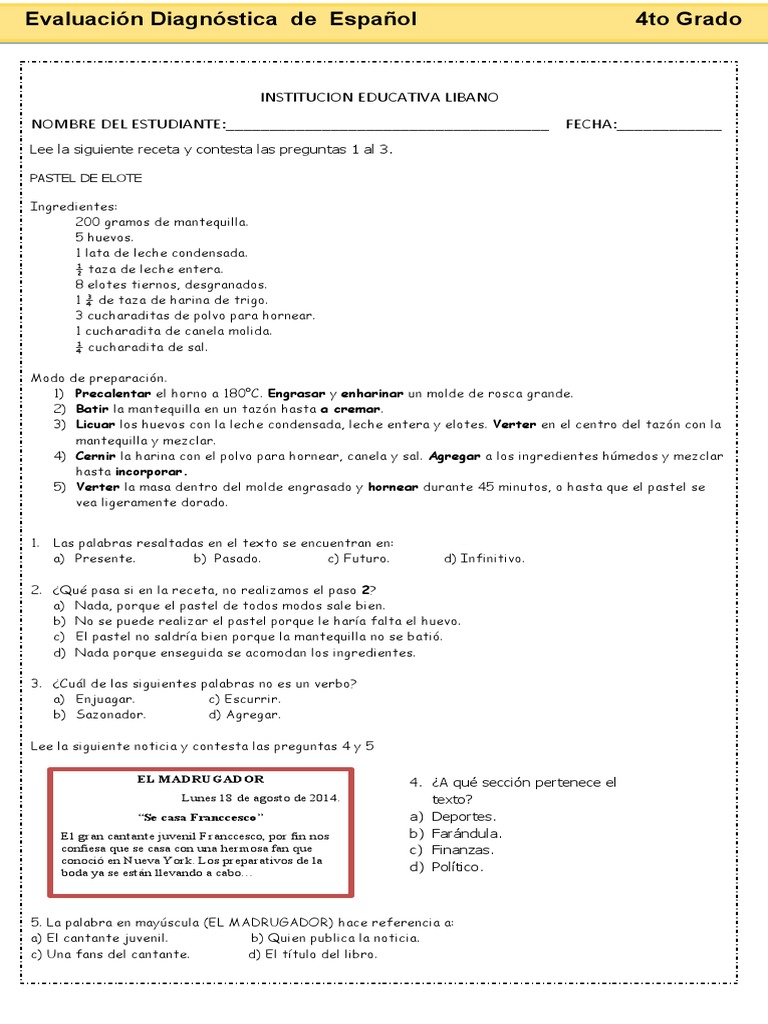 PRUEBA DIAGNOSTICA ESPAÑOL GRADO Cuarto 2019 | PDF | Alimentos