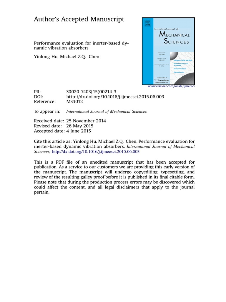 Performance Evaluation For Inerter-Based Dynamic Vibration Absorbers | PDF | Damping | Mathematics