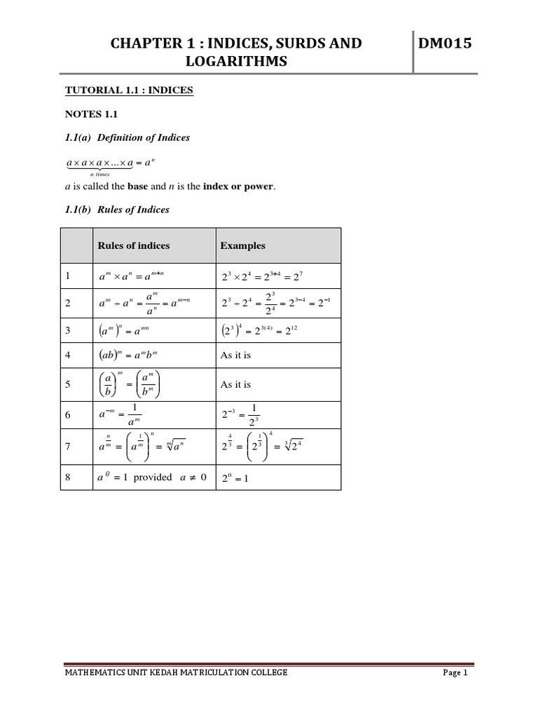 Chapter 1: Indices, Surds and Logarithms DM015 | Download Free PDF | Logarithm | Complex Analysis