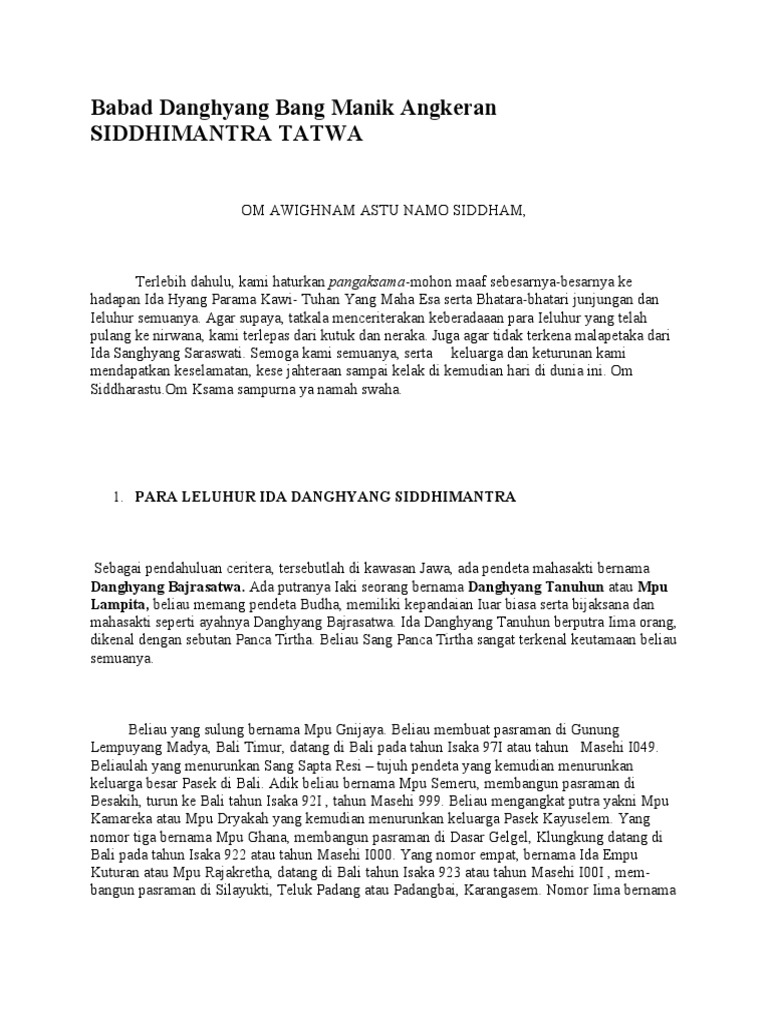 Babad Danghyang Bang Manik Angkeran SIDDHIMANTRA | PDF